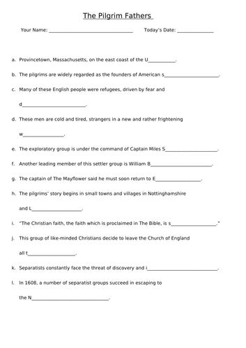 BBC History File Pilgrim Fathers Video Worksheet | Teaching Resources