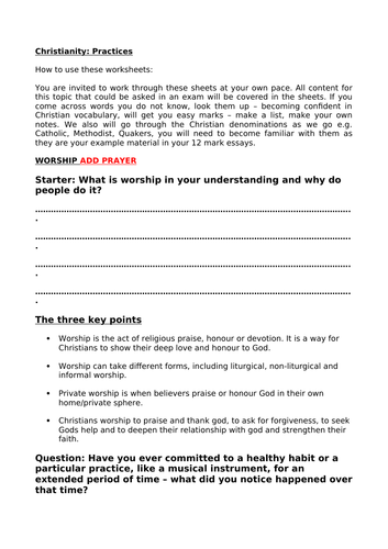 Worship Worksheets (Christian Practices GCSE) | Teaching Resources