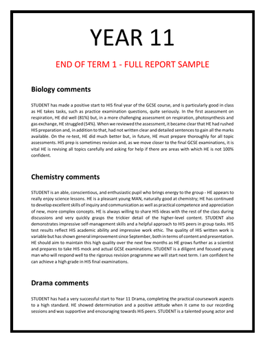 Year 11 - End of Term 1 Report EXAMPLE | Teaching Resources