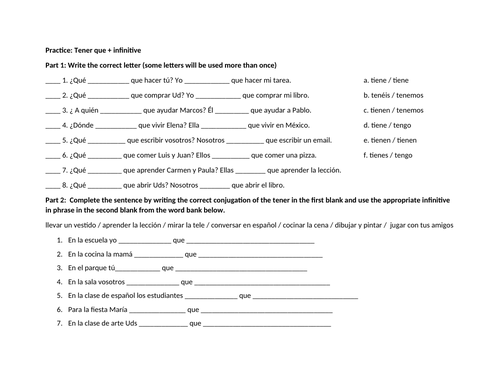Tener que infinitive matching and sentence completion practice ...