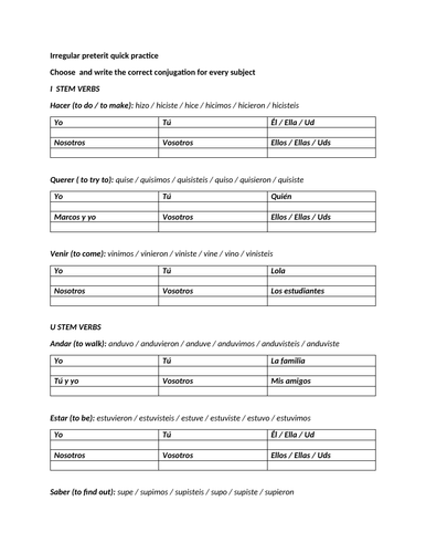 Irregular preterit quick practice | Teaching Resources