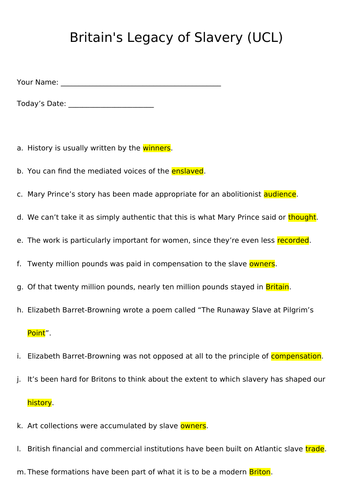 Britain's legacy of slavery (UCL) video question sheet | Teaching Resources