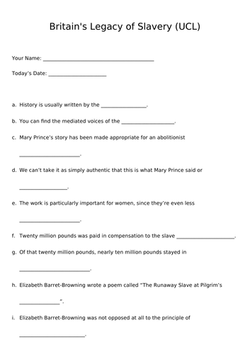 Britain's legacy of slavery (UCL) video question sheet | Teaching Resources