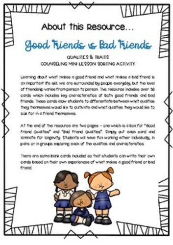 GOOD FRIENDS vs BAD FRIENDS Qualities | Counseling Mini Lesson Sorting ...