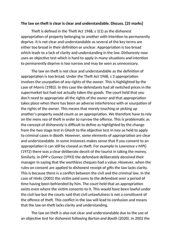 A-Level Law: Theft Evaluation Essay + Model + Plan - Eduqas 25 Marker ...