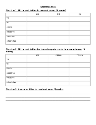 Spanish Grammar Assessments | Teaching Resources