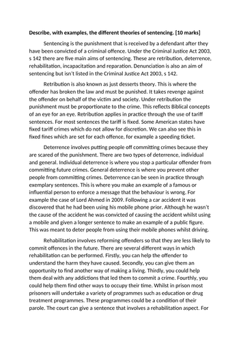 A-Level Law: Theories of Sentencing Essay + Model + Plan - Eduqas 10 ...