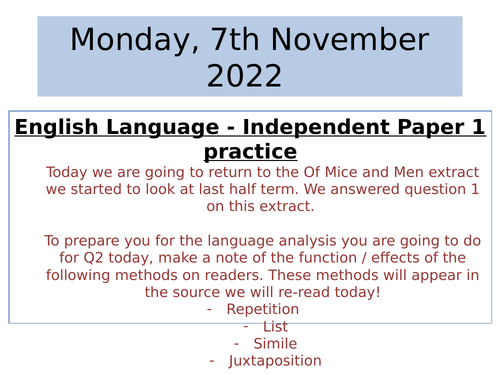 AQA English Language Paper 1 lessons for SEN/LPA (Of Mice and Men ...