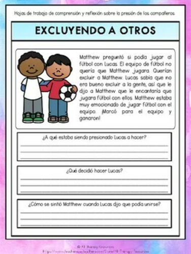 SPANISH VERSION - PEER PRESSURE Reading Comprehension & Questions I ...