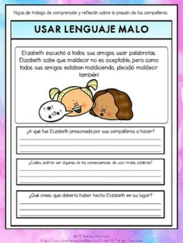 SPANISH VERSION - PEER PRESSURE Reading Comprehension & Questions I ...