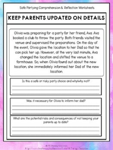 PARTYING SAFELY SCENARIO WORKSHEETS for teenagers I Reading ...