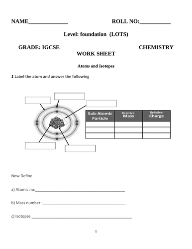 CHEMISTRY - ATOMIC STRUCTURE WORK SHEET (IGCSE ,GCSE) | Teaching Resources