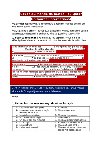 MONDIAL DE FOOT QATAR 2022-GCSE French Reading, research and writing ...