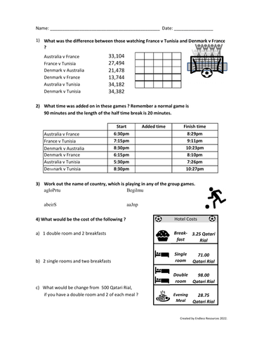 8 Maths Worksheets based on the World Football Game Match Cup ...