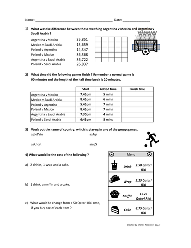 8 Maths Worksheets based on the World Football Game Match Cup ...