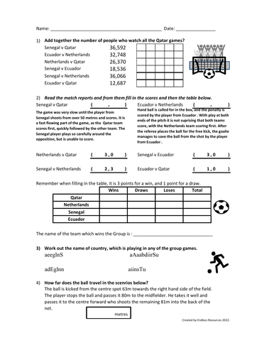 8 Maths Worksheets based on the World Football Game Match Cup ...