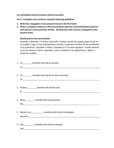 Sentences las actividades extracurriculares | Teaching Resources