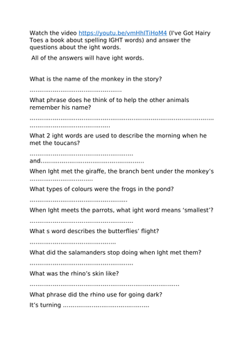 ight word spelling worksheet with story video I've got hairy toes ...