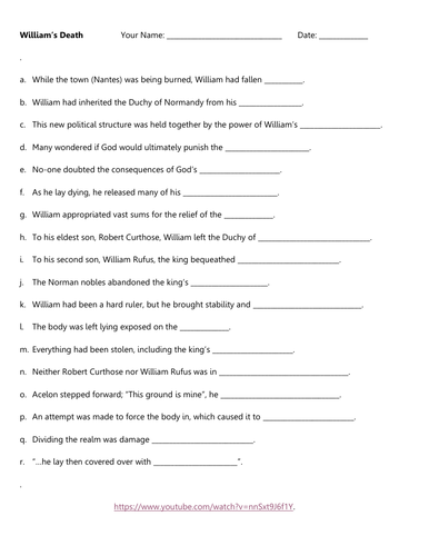William the Conqueror - Death, Burial, Legacy. Video worksheets ...