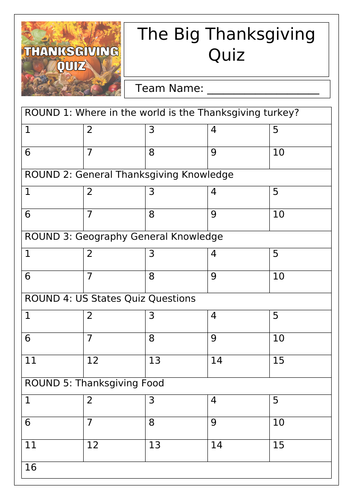 THANKSGIVING QUIZ | Teaching Resources
