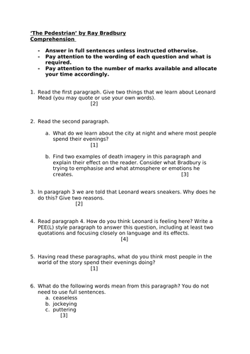 Comprehension work on 'The Pedestrian' | Teaching Resources