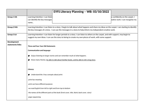 EYFS Reception Literacy planning | Teaching Resources