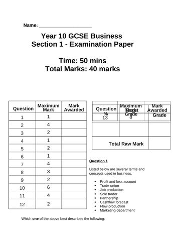 GCSE (Eduqas) Business - End of Unit Test and Mark Scheme: Section 1 ...