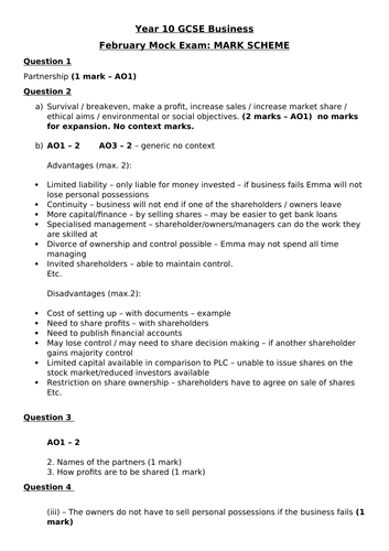 GCSE (Eduqas) Business - End of Unit Test and Mark Scheme: Section 1 ...