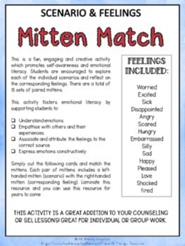 Mitten Match Scenario and Feelings - Winter Counseling CBT Lessn ...