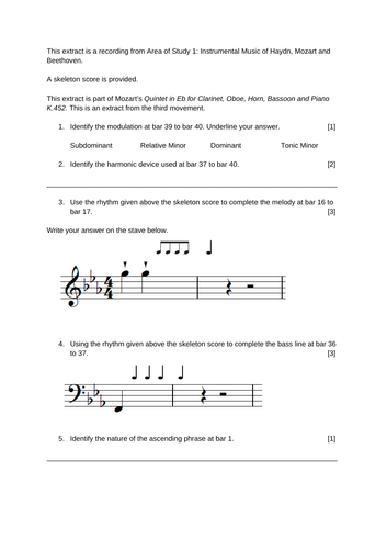 OCR A-Level Music Mozart Quintet Listening Question | Teaching Resources