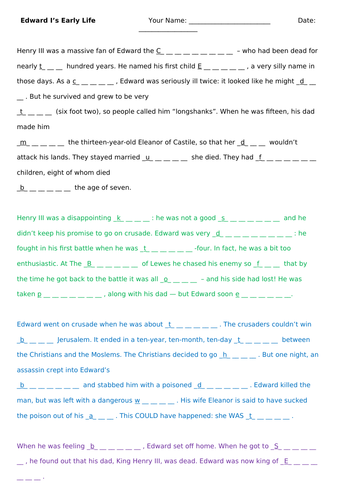 Edward I Early life Cloze sheet SIX differentiations! | Teaching Resources