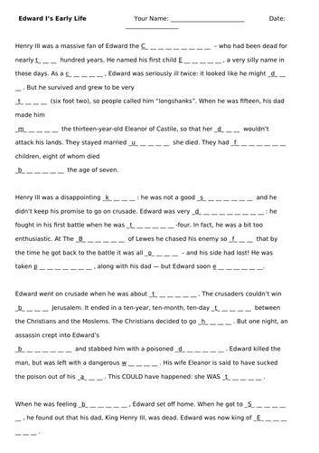 Edward I Early life Cloze sheet SIX differentiations! | Teaching Resources