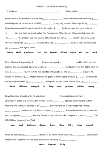 Edward I Early life Cloze sheet SIX differentiations! | Teaching Resources