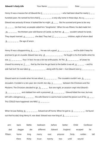 Edward I Early life Cloze sheet SIX differentiations! | Teaching Resources