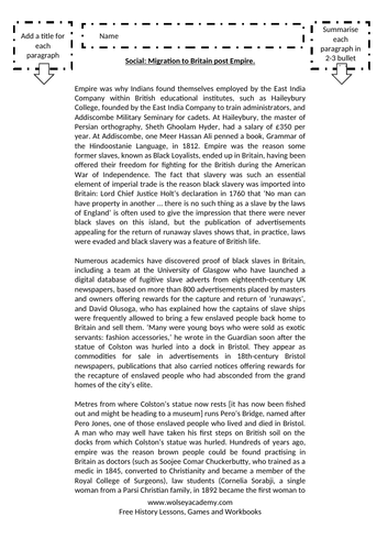 History Guided Reading - Social – Migration to Britain – Sathnam ...