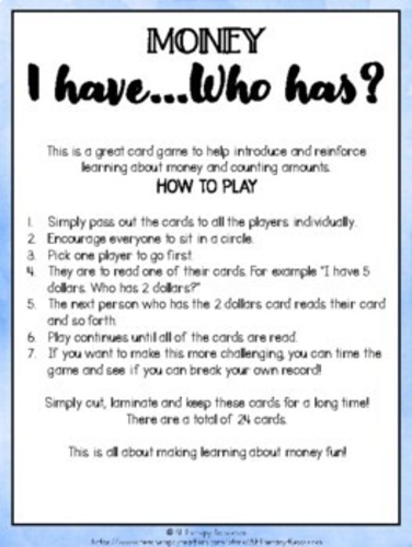 I have Who has Card Game - Money and Counting - Life Skills Autism ...