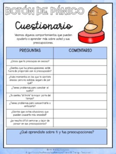 SPANISH VERSION My Panic Button | Anxiety Curriculum Workbook ...