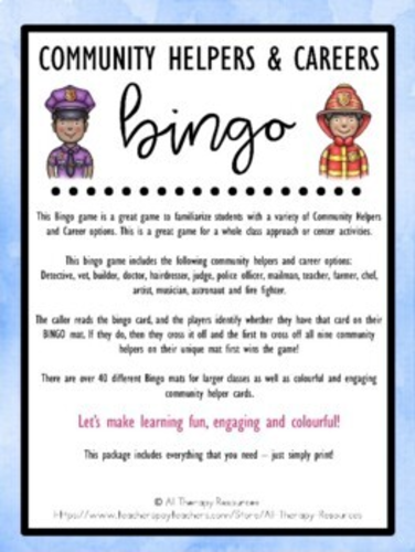 Community Helpers Bingo Game - Occupation and Career Counseling Game ...