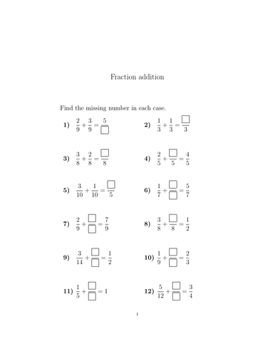 Fraction addition (missing numbers) worksheet (with answers) | Teaching ...