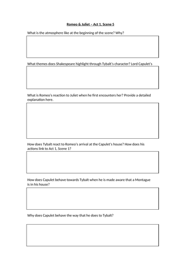 Romeo and Juliet - Act One, Scene Five Questions | Teaching Resources