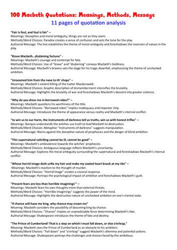 Macbeth 100 Key Quotations for GCSE | Teaching Resources