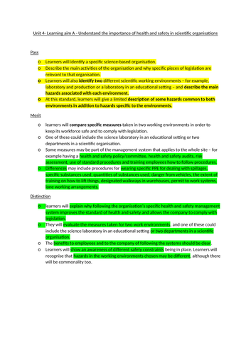 Unit 4 Learning Aim A Checklist 2016 Btec Applied Science Teaching Resources