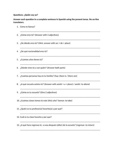 Quien soy yo personal questions practice | Teaching Resources