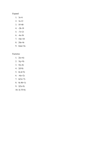 Expanding and factorising single brackets worksheet and answers ...