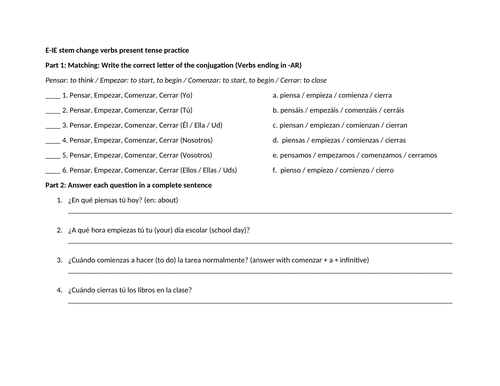 E-IE stem change verbs present tense practice | Teaching Resources
