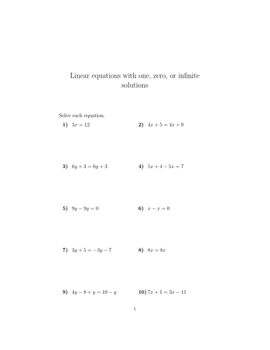 Linear equations with one, zero, or infinite solutions worksheet (with ...
