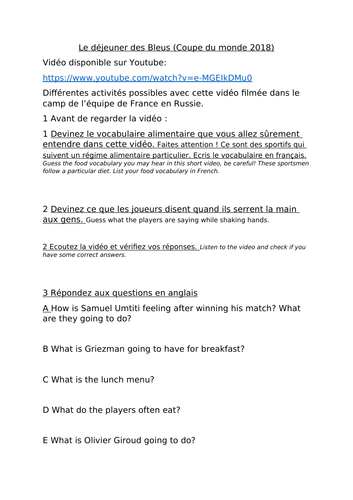 Le dejeuner des bleus. Listening tasks based on video from Federation ...