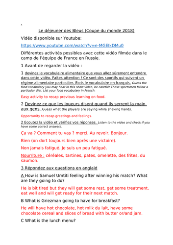 Le dejeuner des bleus. Listening tasks based on video from Federation ...