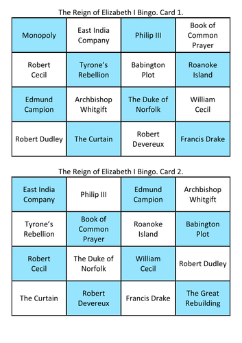 Elizabeth I BINGO! for up to 32 players | Teaching Resources