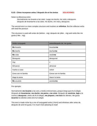 Spanish routine - how to incorporate después de/antes de/ gustar to ...